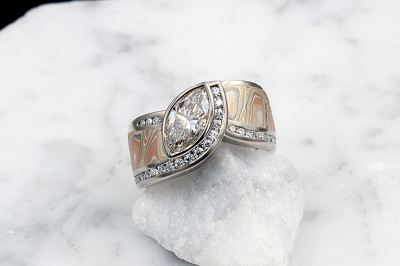 Mokume Wave Crossing Diamond Engagement Ring
